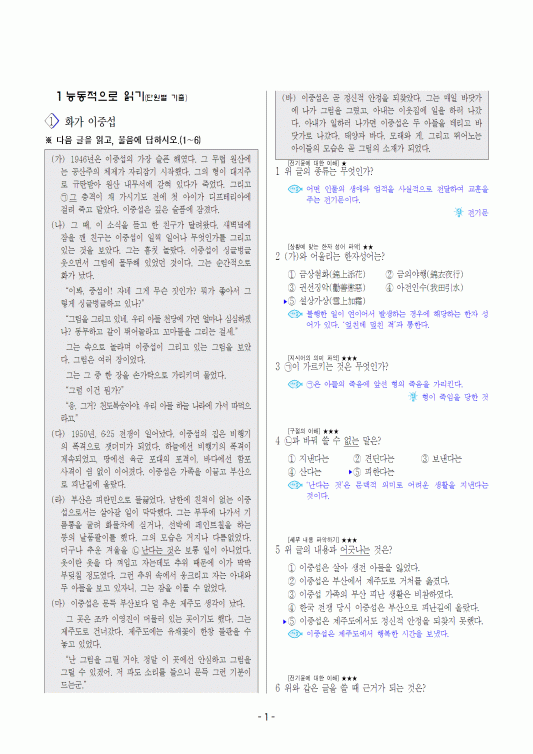 [과외]중학 국어 1-2학기 중간 1단원 능동적으로 읽기 기출문제(교사용)