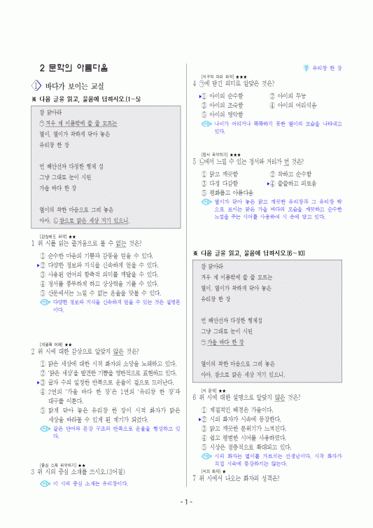 [과외]중학 국어 1-2학기 중간 2단원 문학의 아름다움 기출문제(교사용)