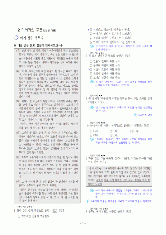 [과외]중학 국어 2-2학기 중간 2단원 이야기의 구조 기출문제(교사용)