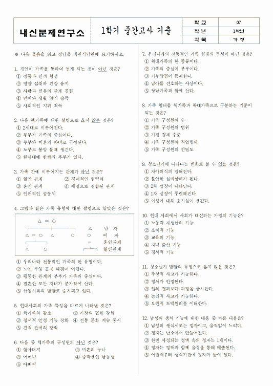 [과외]중학 가정1-1학기 중간 예상문제 07