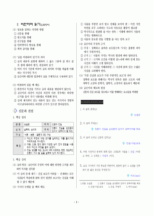 [과외]중학 국어 3-2학기 중간 2단원 비판하며 읽기 예상문제(교사용)