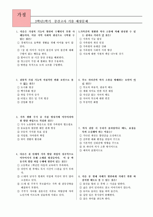 [과외]중학 가정3-1학기 중간 예상문제 06