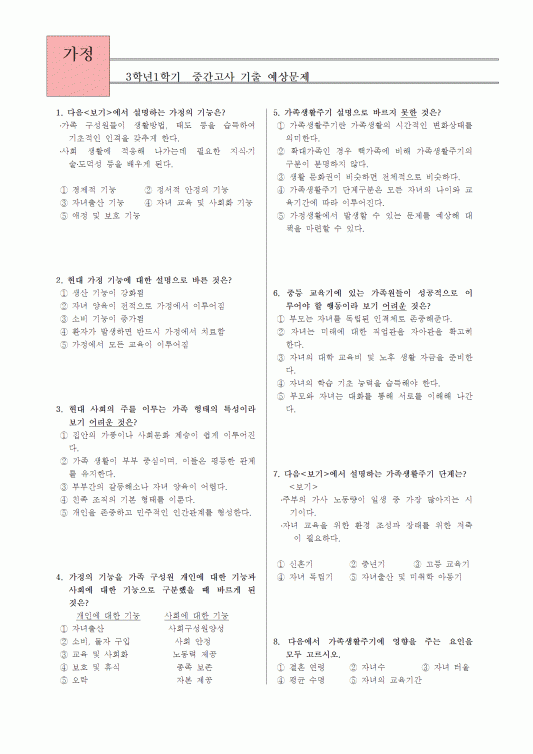 [과외]중학 가정3-1학기 중간 예상문제 11