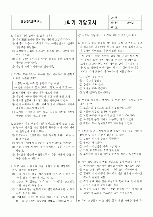 [과외]중학 도덕 2-1학기 기말 예상문제 02