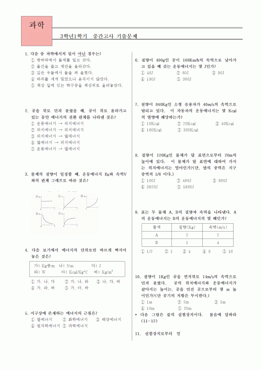 [과외]중학 과학 3-1학기 중간 예상문제 10