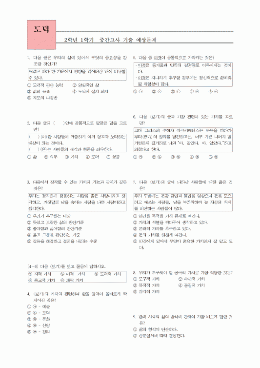 [과외]중학 도덕 2-1학기 중간 예상문제 08