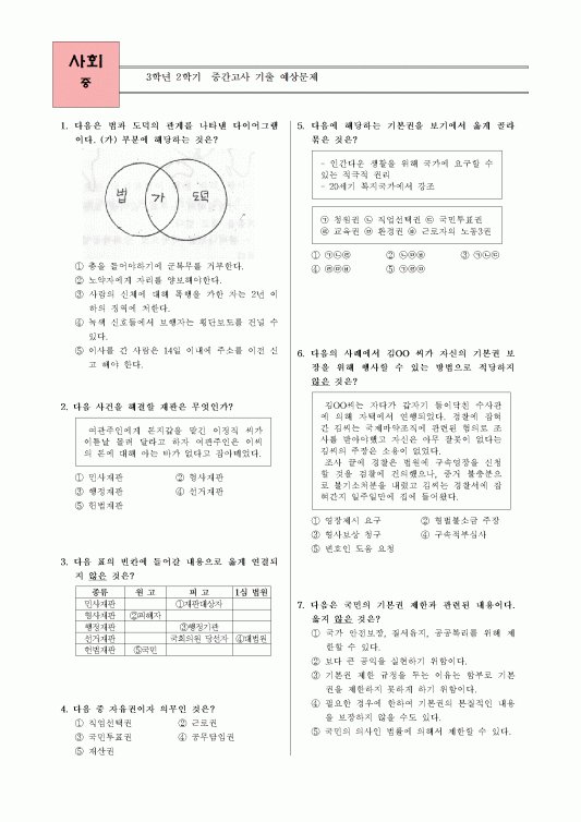 [과외]중학 사회 3-2학기 중간 예상문제 30