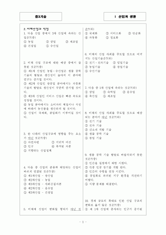 [과외]중학 기술 중3-1-2 미래산업과 직업 01