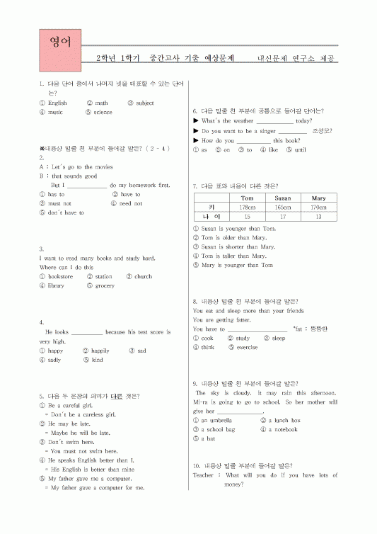[과외]중학 영어 2-1중간 출판사공통 예상문제 21