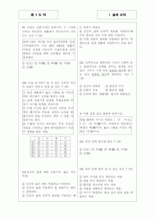 [과외]중1-도덕 01 인간과 삶과 도덕 04