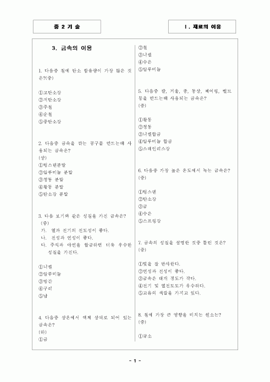 [과외]중학 기술 중2-1-3 금속의 이용 01