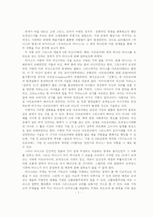 산드로 보티첼리의 「비너스의 탄생」 과 티치아노의 「우르비노의 비너스」