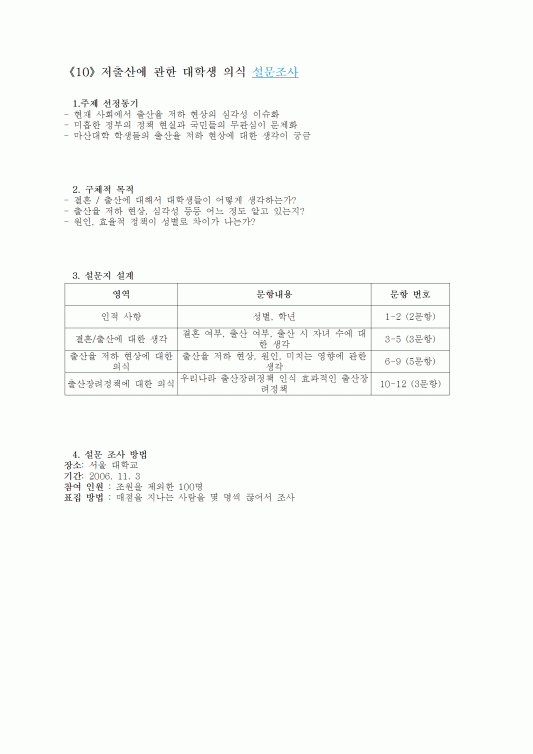 저출산에 관한 대학생 의식 설문조사