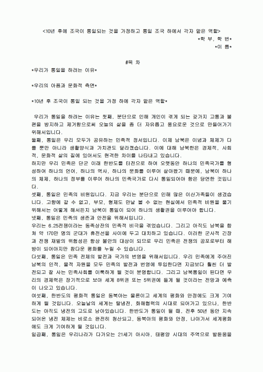 10년 후에 조국이 통일되는 것을 가정하고 통일 조국 하에서 각자 맡은 역할