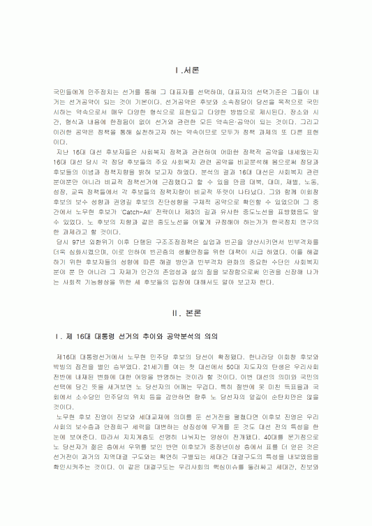 16대 대선 후보자 사회복지 공약비교