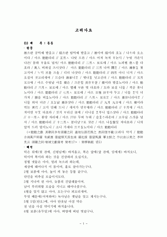 고려가요 원문과 해석, 배경설화