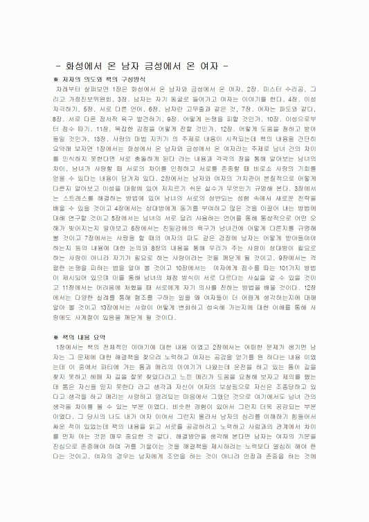 [독후감/서평/요약] 화성에서 온 남자 금성에서 온 여자 서평 레포트 자료입니다.
