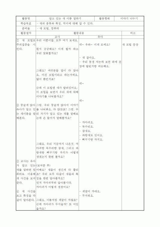 이야기나누기, 동극, 새노래, 게임 (하늘에 사는 동물) 활동계획안