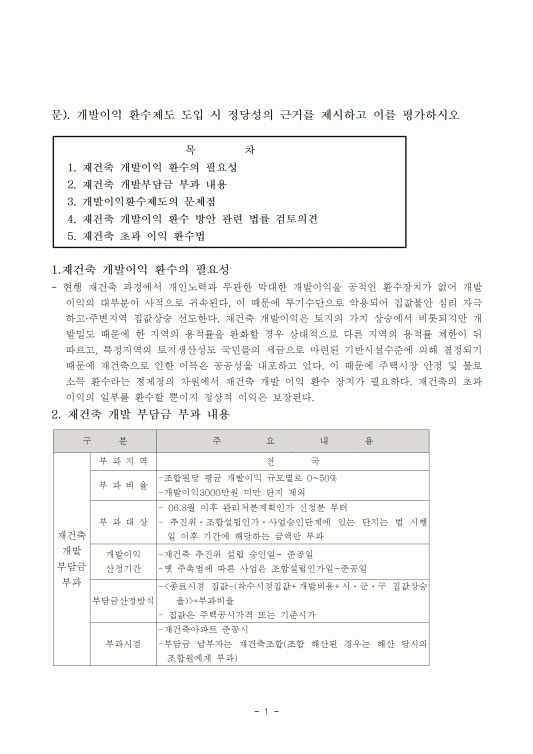 개발이익 환수제도 도입 시 정당성의 근거를 제시하고 이를 평가하시오