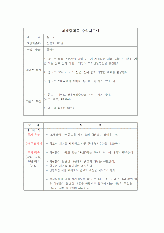 마케팅수업 수업지도안