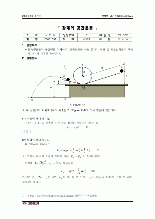 강체의 공간운동 일반물리실험 보고서