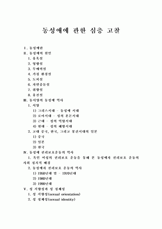 [동성애]동성애에 관한 심층 고찰(동성애란, 동성애의 원인, 동서양의 동성애 역사, 동성애 권리보호운동의 역사, 동성애 관련 용어, 동성애에 대한 여러 시각들, 동성애자 인권, 동성애의 국가적 사례)