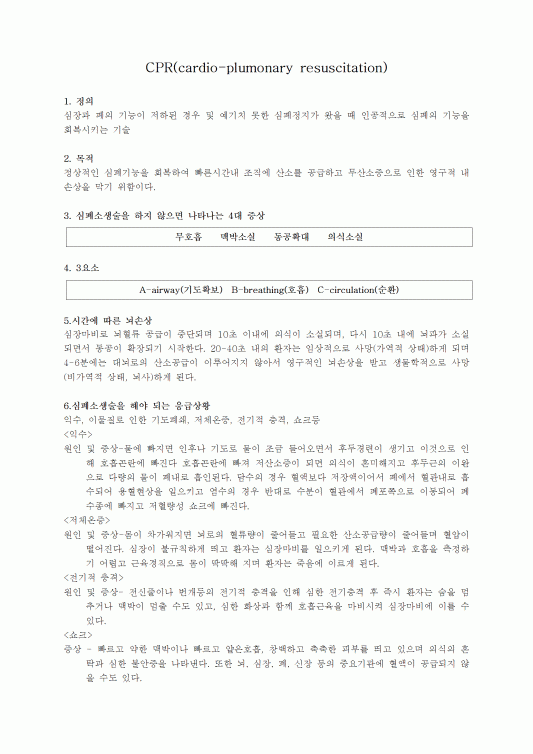 심폐소생술에 대하여 작성한 보고서 자료입니다.