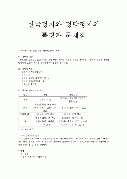 한국정치와 정당정치의 특징과 문제점