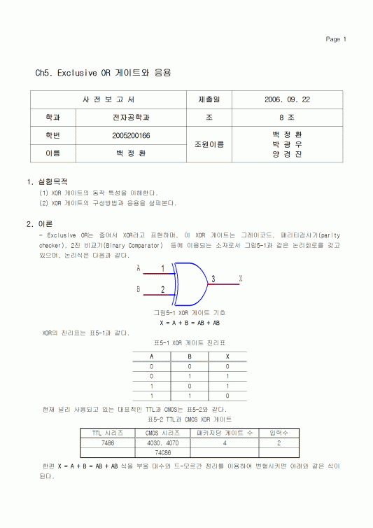 Ch5. Exclusive OR 게이트와 응용<디지털회로실험//경희대학교>