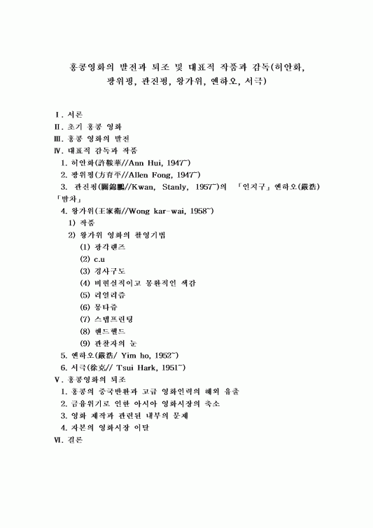 [홍콩영화][홍콩영화작품][홍콩영화감독][허안화][팡위핑][관진펑][왕가위][옌하오][서극][영화산업]홍콩영화의 발전과 퇴조 및 대표적 작품과 감독(허안화, 팡위핑, 관진펑, 왕가위, 옌하오, 서극)