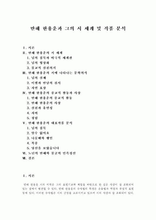 [만해 한용운][한용운][님의 침묵]만해 한용운과 그의 시 세계 및 작품 분석(만해 한용운의 시 세계, 문학의식, 만해 한용운의 종교적 활동과 사상, 만해 한용운의 대표작품 분석, 노년의 만해와 불굴의 민족정신)