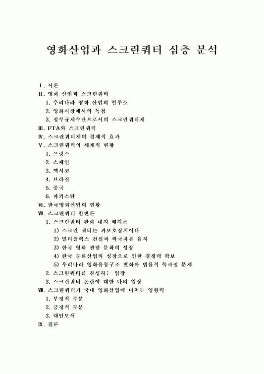 [영화산업][스크린쿼터]영화산업과 스크린쿼터 심층 분석(영화 산업과 스크린쿼터, FTA와 스크린쿼터, 스크린쿼터의 세계적 현황, 스크린쿼터 찬반론, 스크린쿼터가 국내 영화산업에 미치는 영향력)