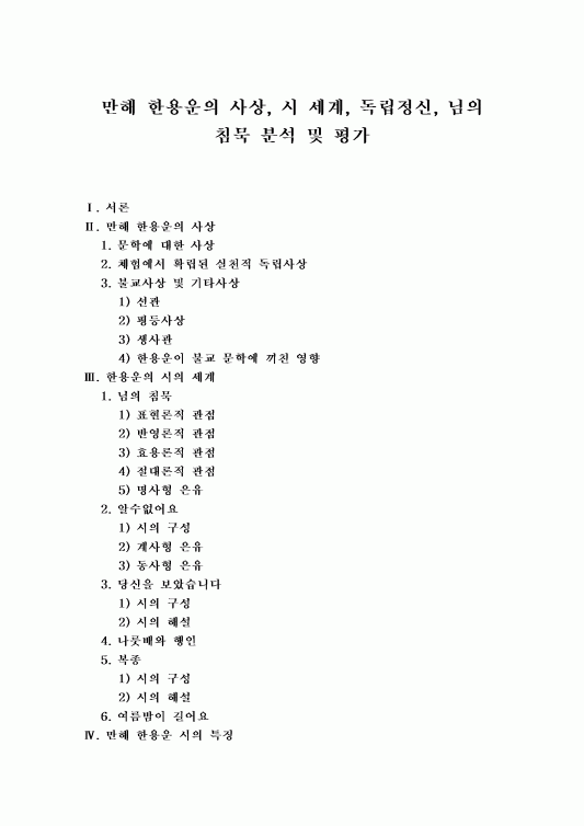 [한용운][만해 한용운][사상][시 세계][독립정신][님의 침묵]만해 한용운의 사상, 시 세계, 독립정신, 님의 침묵 분석 및 평가(한용운의 시의 세계, 님의 침묵 평가 및 감상, 만해 한용운에 대한 평가, 님의 침묵)