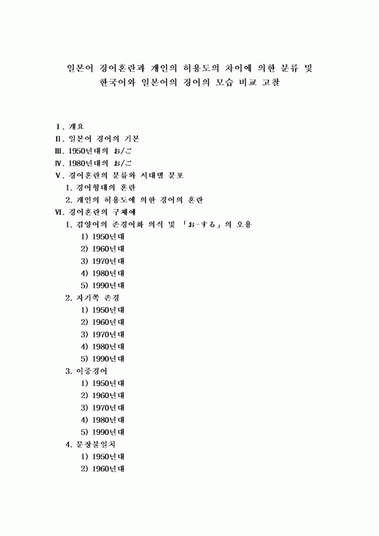 [일본어 경어혼란][개인의 허용도][한국어][일본어][경어][가나][일어][국어]일본어 경어혼란과 개인의 허용도의 차이에 의한 분류 및 한국어와 일본어의 경어의 모습 비교 고찰(일본어, 경어혼란, 일어, 한국어)