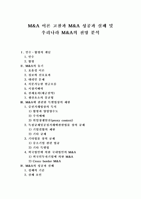 [M&A][기업인수합병]M&A(기업인수합병)이론 고찰과 M&A(기업인수합병) 성공과 실패 및 우리나라 M&A(기업인수합병)의 전망 분석(M&A(기업인수합병) 성공,실패, M&A(기업인수합병) 역사,사례)