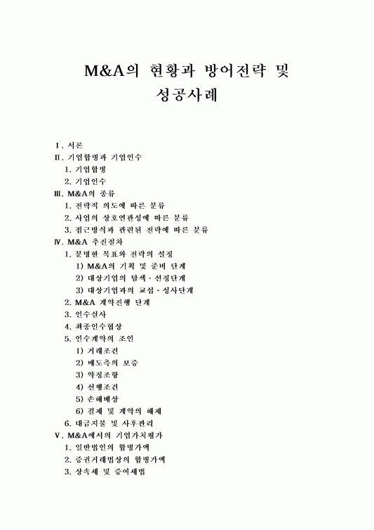 [M&A][기업인수합병]M&A(기업인수합병)의 현황과 방어전략 및 성공사례(M&A(기업인수합병) 추진절차, 적대적 M&A(기업인수합병) 기법과 방어전략, M&A(기업인수합병) 성공사례, M&A, 기업인수합병)