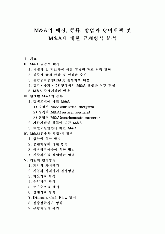 [M&A][기업인수합병]M&A(기업인수합병)의 배경, 종류, 방법과 방어대책 및 M&A(기업인수합병)에 대한 규제방식 분석(M&A(기업인수합병)의 방법, 적대적 M&A에(기업인수합병) 대한 규제방식)