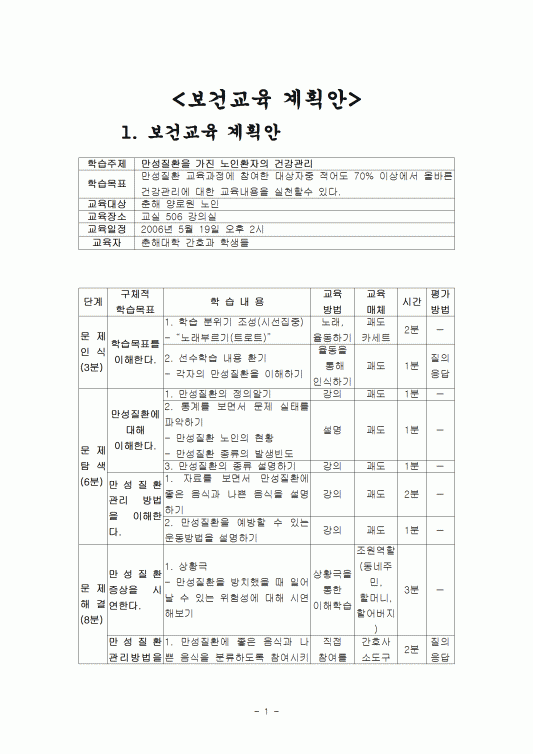 만성질환 노인 보건교육 계획안
