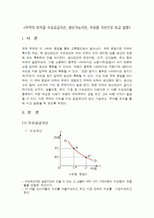 무역의 이익을 수요공급곡선, 생산가능곡선, 무차별 곡선으로 비교 설명