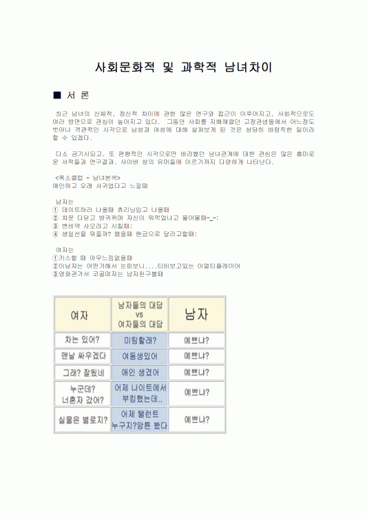 [여성학]남녀의 성차이 - 사회문화적 및 과학적 측면