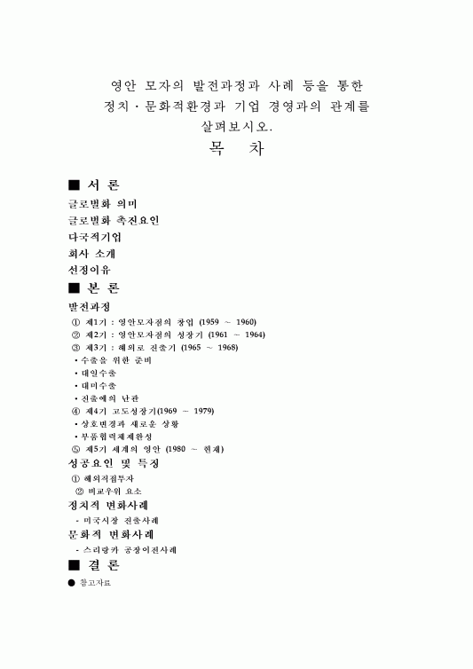 영안 모자의 발전과정과 사례 등을 통한 정치ㆍ문화적환경과 기업 경영과의 관계를 살펴보시오.