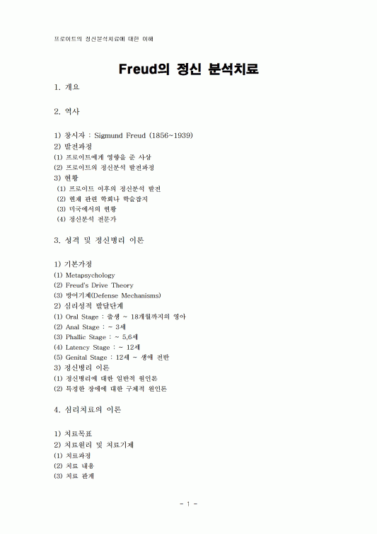 [상담심리 Freud] 프로이드의 정신분석치료의 개요, 역사, 이론, 치료기법, 평가, 소견 등등