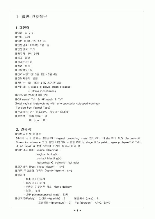 [모성간호학]자궁탈출(uterine prolapse)문헌고찰 및 간호과정, 실습일지