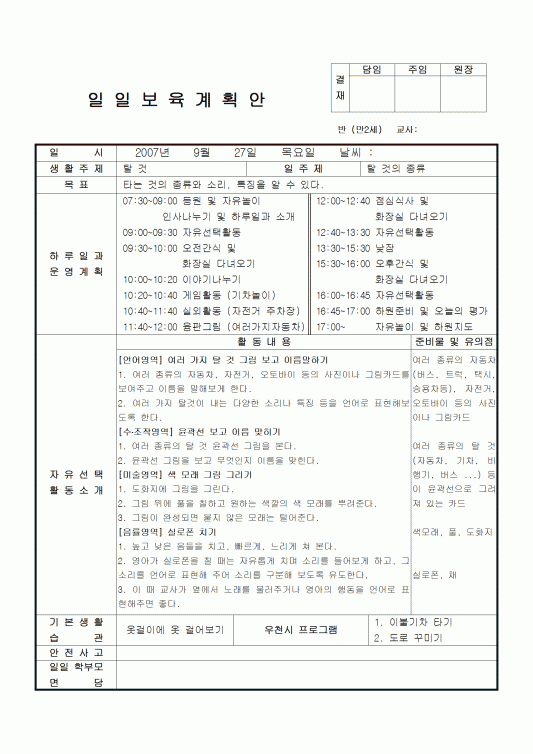 만2세 일일교육계획안 (탈것, 교통기관)
