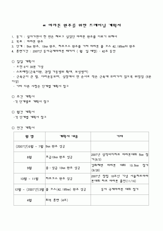 마라톤 완주를 위한 트레이닝 계획서
