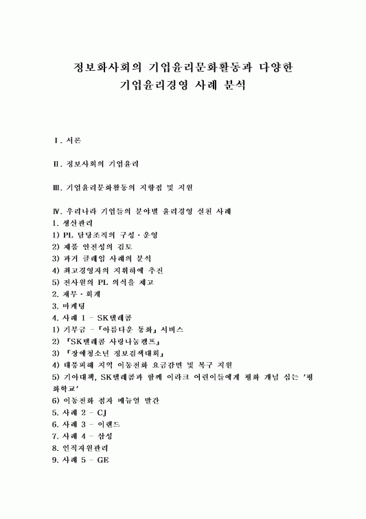 [정보화사회][기업윤리문화활동][기업윤리경영][기업윤리]정보화사회의 기업윤리문화활동과 다양한 기업윤리경영 사례 분석(정보사회의 기업윤리, 기업윤리문화활동의 지향점 및 지원, 윤리경영 실천 사례)