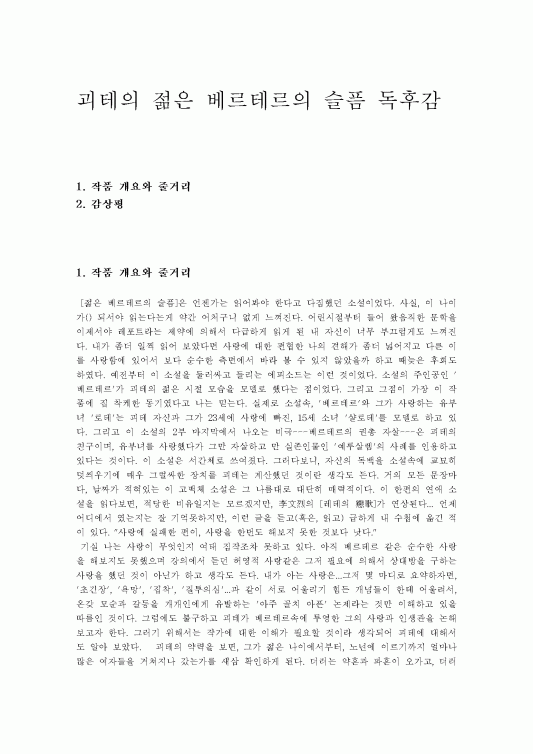 [괴테의 젊은 베르테르의 슬픔 독후감][괴테의 젊은 베르테르의 슬픔 독서감상문][괴테의 젊은 베르테르의 슬픔 서평][괴테의 젊은 베르테르의 슬픔을 읽고]괴테의 젊은 베르테르의 슬픔 독후감,서평