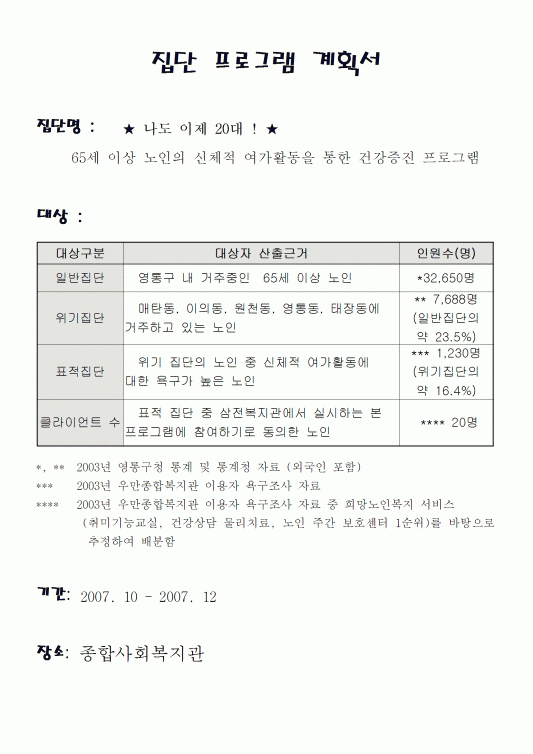 65세 이상 노인의 신체적 여가활동을 통한 건강증진 프로그램