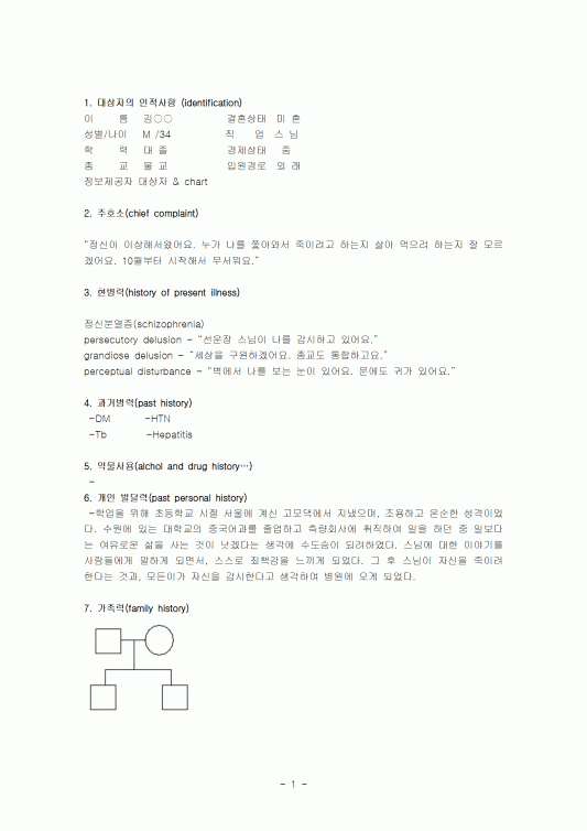 [정신간호학]정신분열증 케이스 스터디 (Schizophrenia case study)