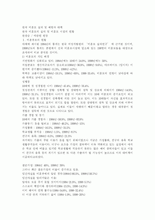 한국 미혼모의 실태 및 미혼모 시설의 현황